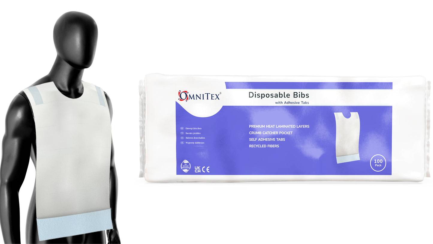Omnitex Disposable Adult Bibs with Adhesive Tabs Pack of 100 – UKMEDI